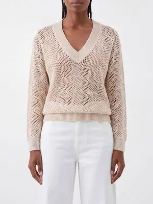 Brunello Cucinelli Brunello Cucinelli V-Neck Sequined Pullover Ivory