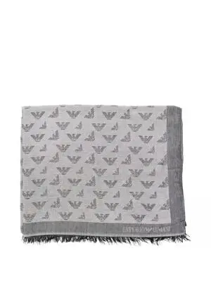 Emporio Armani Eagle-monogram Fringed Scarf - Grey
