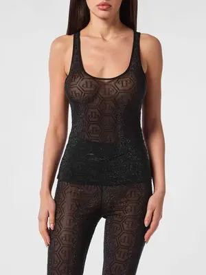 Philipp Plein Logo Embellished Sheer Tank Top - Black