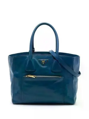 Prada 2000-2026 Soft Calf Front Pocket Shopping Tote Satchel - Blue