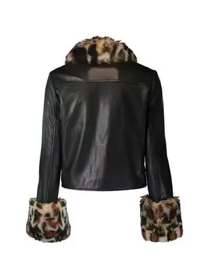 SUSAN BENDER Leopard-trim Leather Jacket