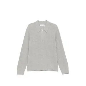 SAMSOE SAMSOE Ribbed-knit Quarter-zip Polo Shirt - Grey