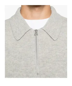 SAMSOE SAMSOE Ribbed-knit Quarter-zip Polo Shirt - Grey