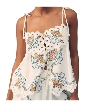 Farm Rio Floral-embroidered Scalloped Top