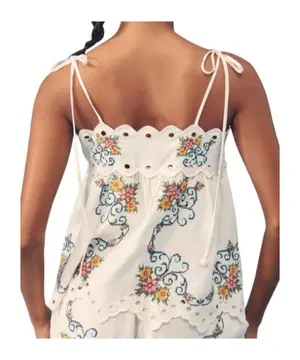 Farm Rio Floral-embroidered Scalloped Top