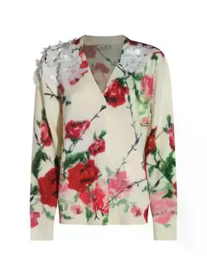 Blumarine Floral Print Sequin Embellished V-neck Sweater
