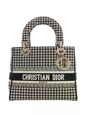 Dior 2021 Medium Embroidered Canvas Houndstooth Lady D Lite Satchel