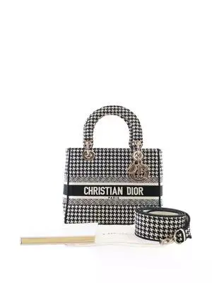 Dior 2021 Medium Embroidered Canvas Houndstooth Lady D Lite Satchel