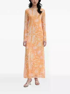 NEVER FULLY DRESSED Graphic-print Long-sleeve Midi Dress - Orange