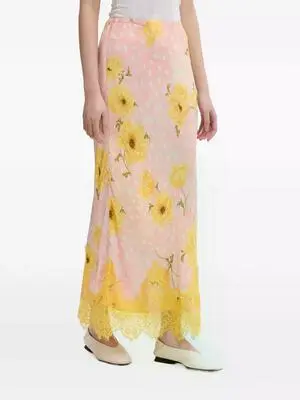 NEVER FULLY DRESSED Poppy Floral-print Lace-trim Midi Skirt - Pink