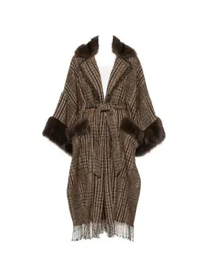 FRONT STREET 8 Cotton Blend Checked Cape With Faux Fur Trim