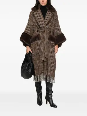 FRONT STREET 8 Cotton Blend Checked Cape With Faux Fur Trim