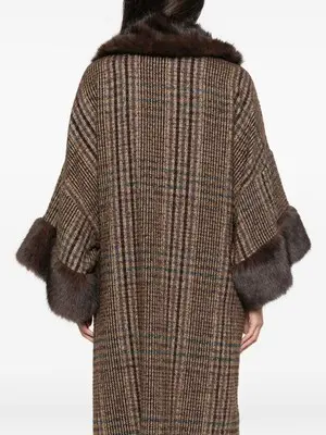 FRONT STREET 8 Cotton Blend Checked Cape With Faux Fur Trim