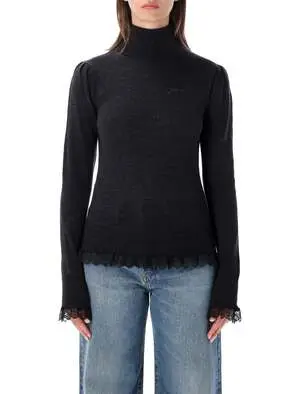 GANNI Lace-trim Turtleneck Sweater - Phantom Black