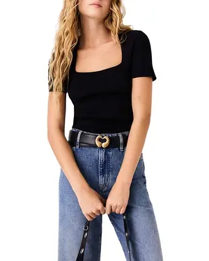 Maje Miyo Cotton Blend Ribbed Square Neck Sweater - Black
