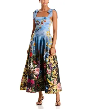 Alice + Olivia Hana Cotton Stretch Pleated Waist Bow Strap Dress - Alpine Dawn