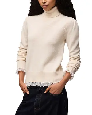 GANNI Lace Trim Merino Turtleneck Sweater - Egret