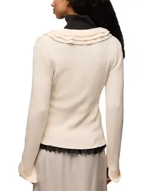 GANNI Ribbed Merino Wool-blend Ruffel Sweater