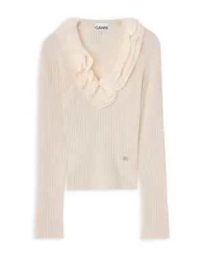 GANNI Ribbed Merino Wool-blend Ruffel Sweater