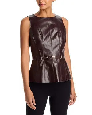 MILLY Gwen Faux Leather Top - Dark Brown