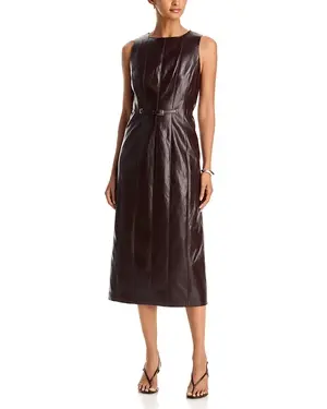 MILLY Elsie Faux Leather Sleeveless Midi Dress
