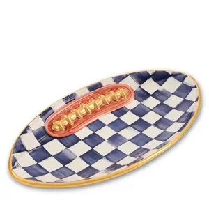 MACKENZIE-CHILDS Indigo Check Ceramic Football Platter