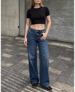BAYEAS Mid Rise Wide Leg Denim Jeans Stretch Comfortable In Dark