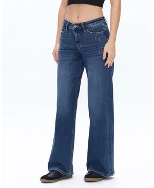 BAYEAS Mid Rise Wide Leg Denim Jeans Stretch Comfortable In Dark