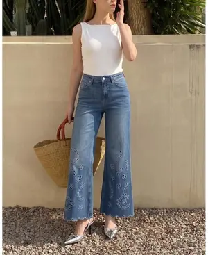 BAYEAS Vine Embroidered Mid Rise Flare Wavy Hem Denim Jeans In Nebula