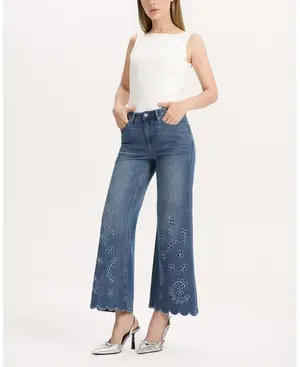 BAYEAS Vine Embroidered Mid Rise Flare Wavy Hem Denim Jeans In Nebula