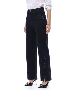 BAYEAS High Rise Straight Leg Denim Jeans With Studded Detailing In Rinse Wash - Blue