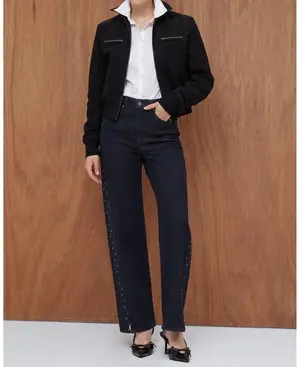 BAYEAS High Rise Straight Leg Denim Jeans With Studded Detailing - Blue
