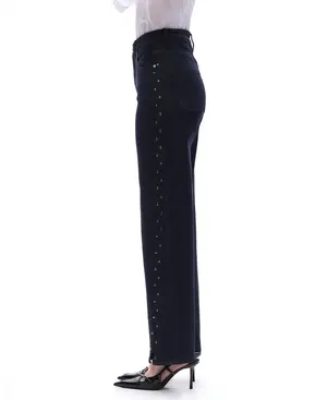 BAYEAS High Rise Straight Leg Denim Jeans With Studded Detailing - Blue