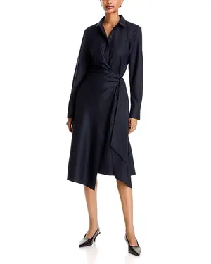 Lafayette 148 New York Wool Long Sleeve Wrap Midi Dress - Ink