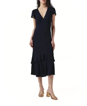 GHOST LONDON Corinne Frill Crepe Midi Dress - Navy