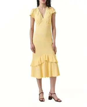GHOST LONDON Corinne Frill Crepe Midi Dress - Yellow