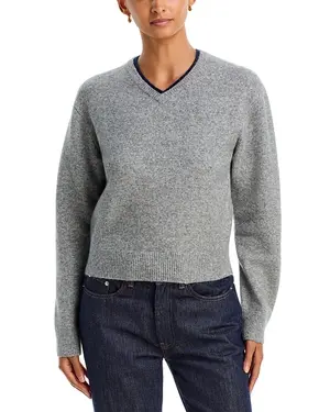 525 America Sloane High V Neck Sweater - Grey Heather Combo