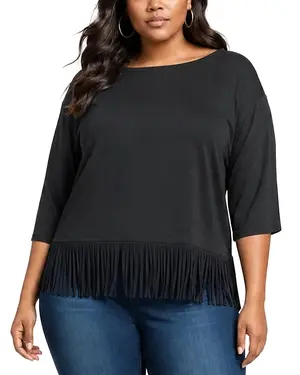 Karen Kane Three Quarter Sleeve Fringe Trim Boat Neck Top - Black