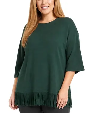 Karen Kane Three Quarter Sleeve Fringe Trim Boat Neck Top - Spruce