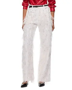 Pinko Tigra Cotton Feather Embellished Wide Leg Pants - Cloud White