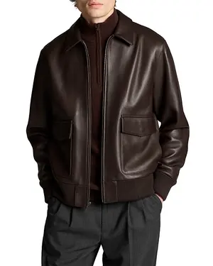 Vince Leather Point Collar Aviator Bomber Jacket - Dark Brown