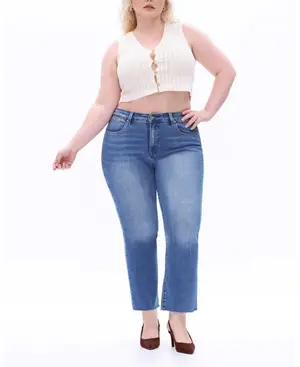 BAYEAS Plus Mid Rise Straight Leg With Raw Hem Denim Jeans