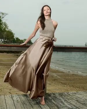 EMILY SHALANT Pearl Bodice Tie Waist Gown