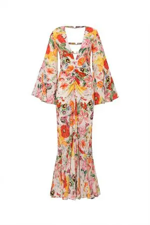 LUNA B Long Eden Dress Floral Print Maxi - Beige