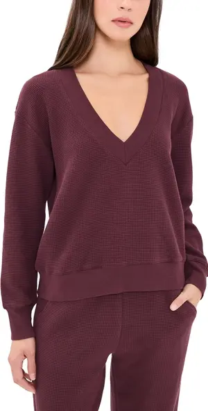 NEGATIVE Waffle Knit Deep V Pullover - Garnet