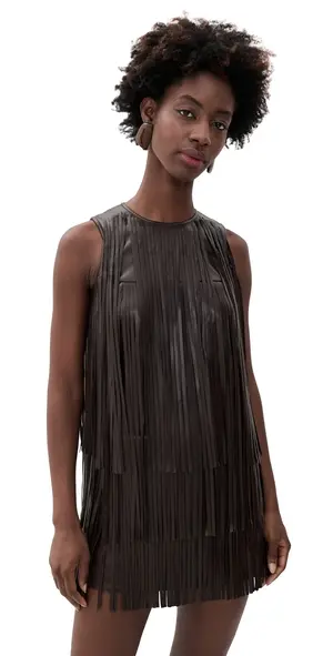 SIMONMILLER Sina Vegan Leather Fringe Dress - Dark Choco Brown