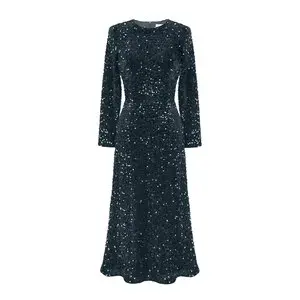 POST MERIDIEM Aquamarine Sequin Decorated Velvet Long Sleeve Midi Dress - Blue