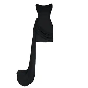 POST MERIDIEM Corset Draped Chiffon Train Mini Dress - Black
