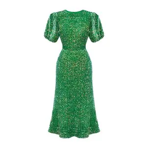 POST MERIDIEM Sequin Decorated Velvet Puff Sleeve Midi Dress - Green
