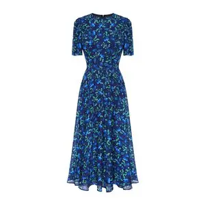 POST MERIDIEM Navy Short Sleeve Floral Midi Dress - Blue